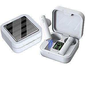Acuvar Fully Wireless Bluetooth 5.2 Solar Rechargeable Waterproof Sweatproof Earbud Headphones with Microphone, Micro USB Power Charging LED Case Surround Stereo Bass and Passive Noise Cancelling