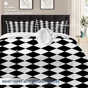 Batmerry Black White Diamond Queen Size 3 Pieces Bedding Comforter Cover Sets,Soft Fluffy Abstract Black and White Harlequin Pattern Printed Duvet Cover for All Season