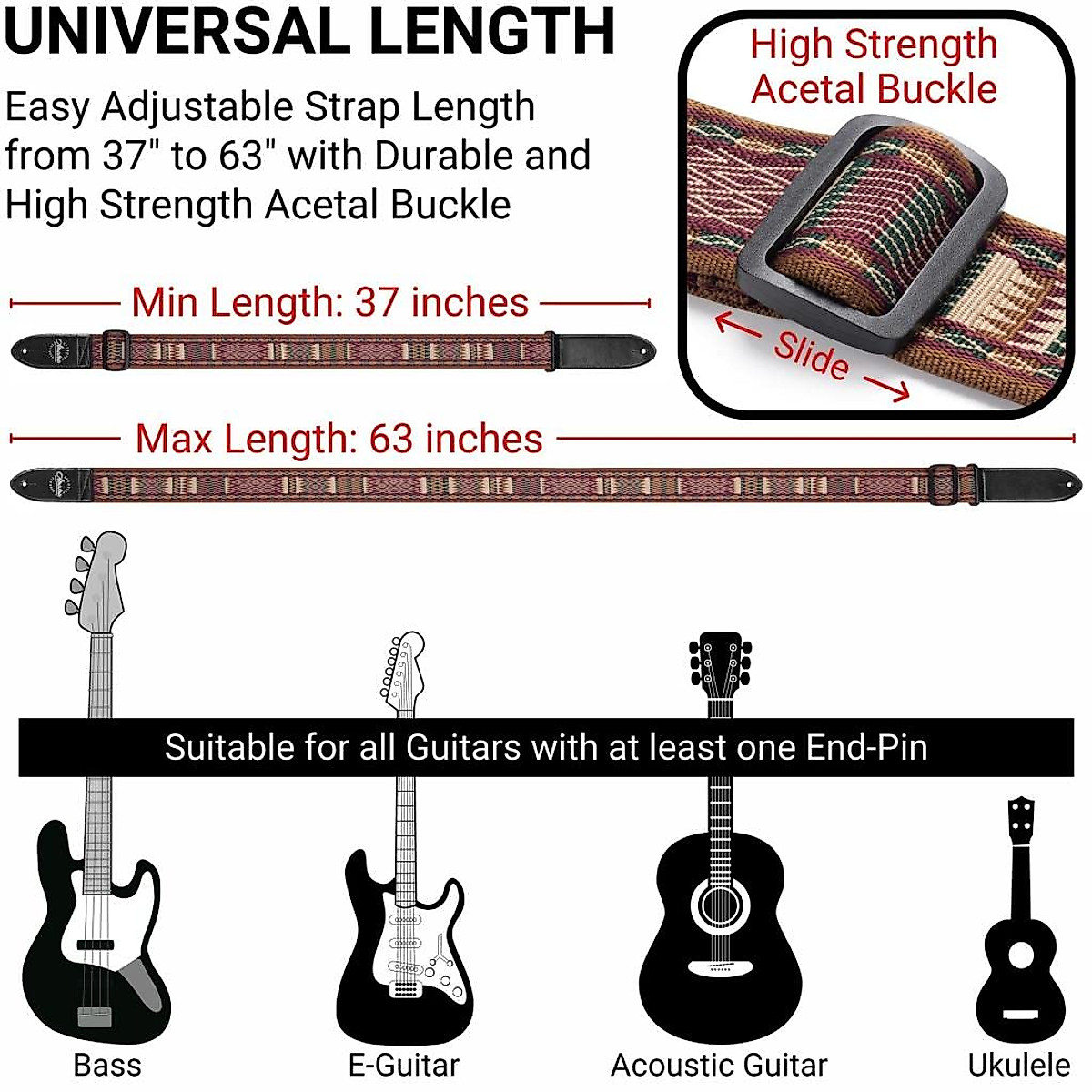 Amumu Guitar Strap Brown Diamond Grill Retro Chevron Polyester Woven for Acoustic Electric Bass Guitars with Genuine Leather Ends + Free Rubber Strap Blocks &amp; Headstock Tie
