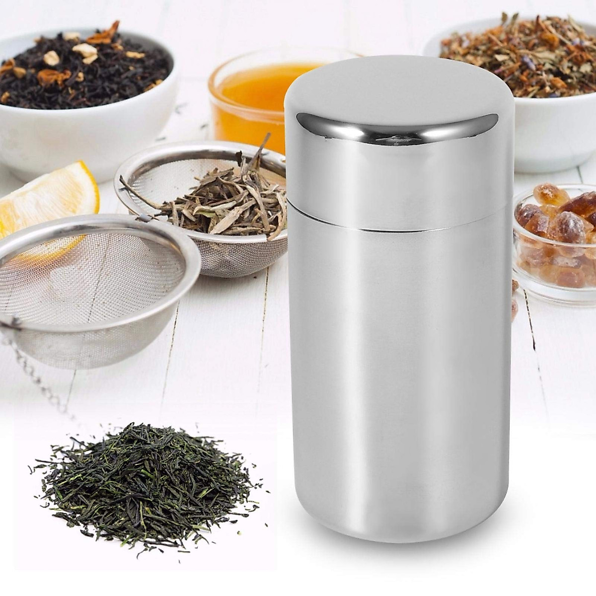 Tyenaza Tea Canister, Double Seal Stainless Steel Tea Tin Canister with Airtight Double Lids for Loose Tea Coffee Candy Herbs and Spices Storage(l)
