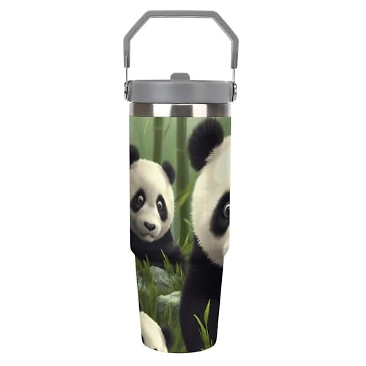 30oz Stainless Steel Insulated Tumbler with Flip Lid & Straw, Leakproof Travel Mug for Car, Cute Panda Double Wall Vacuum Thermal Coffee Cup with Handle, Spill-Proof Design for Hot/Cold Drinks