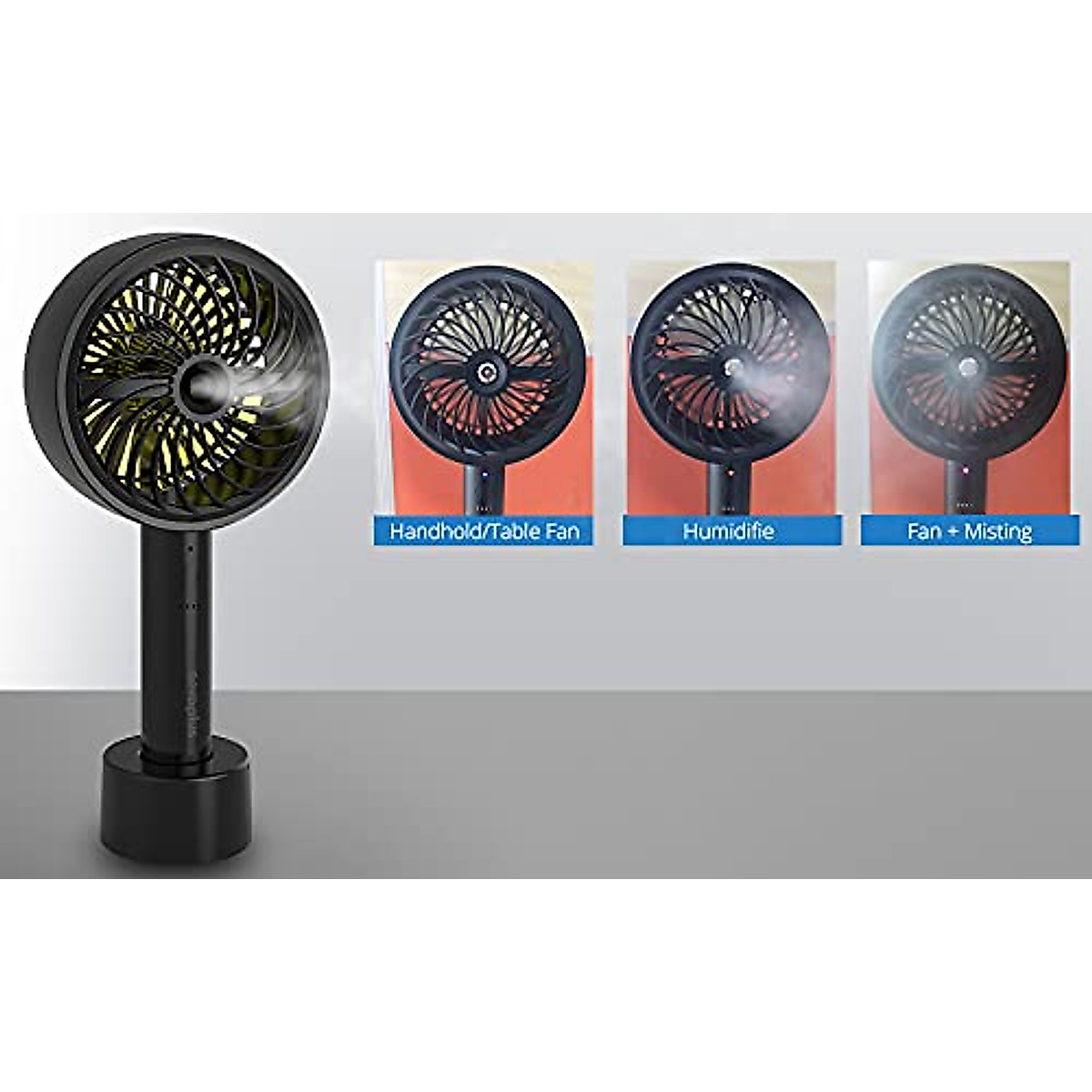 Aeroplus Mini Fan 5" Handheld Personal 3 Speed Rechargeable Battery Operated with Misting Option weatherproof includes dock & cable (Black) desk fan for home kitchen office travel camping