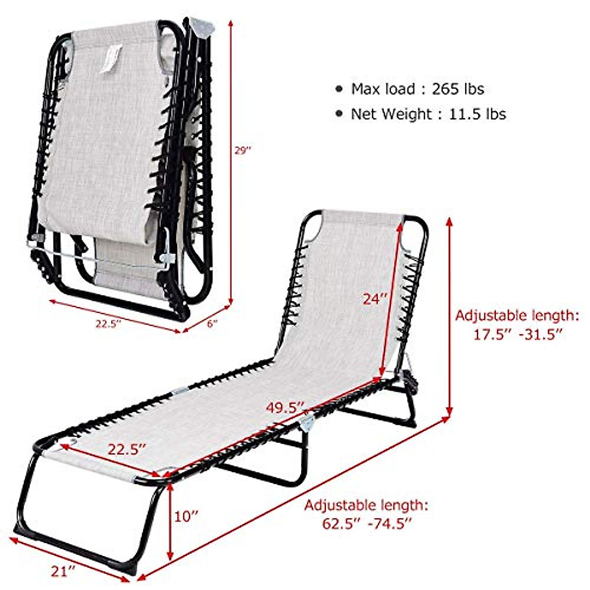 GYMAX Patio Chaise Lounge, Folding Beach Chair with 3-Position Adjustable, Portable Recliner for Backyard, Patio, Poolside Beach