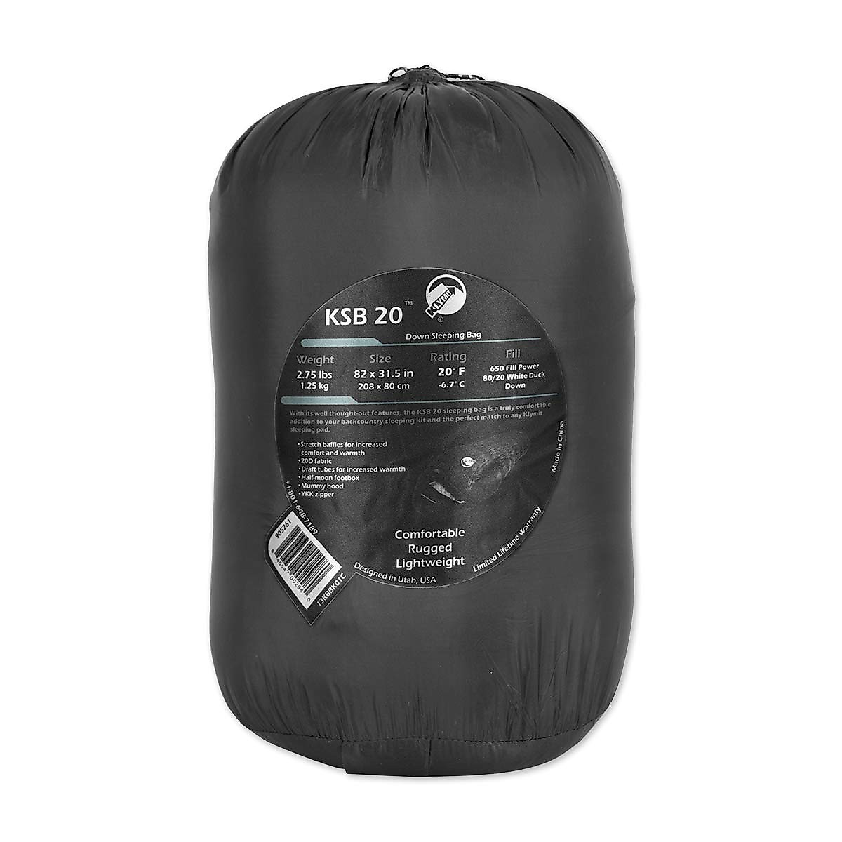 Klymit KSB Lightweight Mummy Sleeping Bag, 20°F Cold Weather Sleeping Bag for Camping, Hiking, and Backpacking, Black, Large