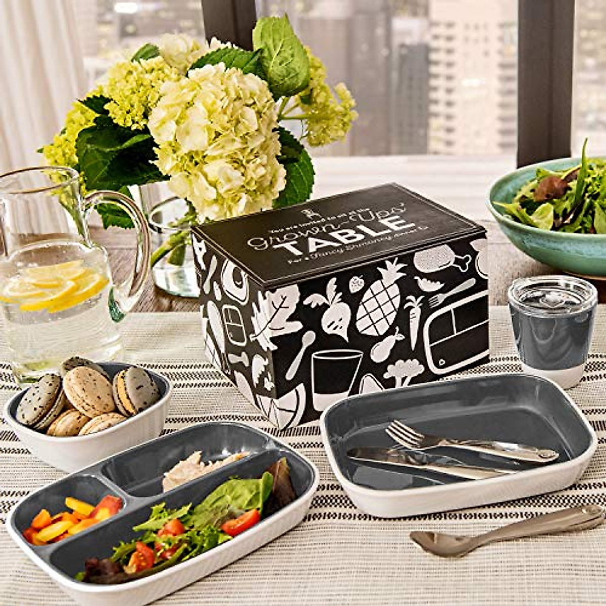 Munchkin® Grown Ups Table 7pc Toddler Feeding Supplies Gift Set, Includes Plates, Bowl, Open Cup and Stainless Steel Utensils, Grey
