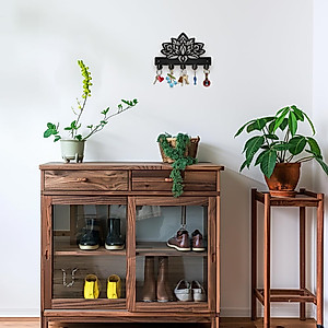 MAYJOYDIY Wood Lotus Flower Coat Hooks Hanger Mandala Lotus Key Holder for Wall 11.8×7.9inch Black Key Hooks Rack 5 Alloy Hooks Home Decor Gifts Entryway Kitchen Bathroom Storage Organizer