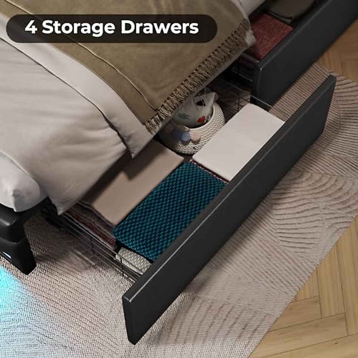 BTHFST King Size Bed Frame with LED Lights,PU Leather Bed with Storage Drawers & Adjustable Headboard,Platform Bed with Power Outlets,Noise-Free,Black