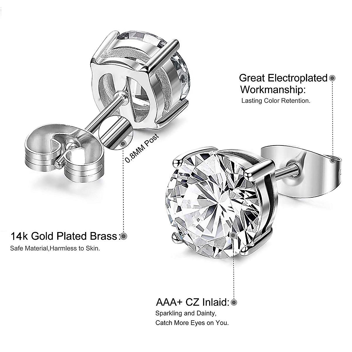 Women's 14K White Plated CZ Stud Earrings Simulated Diamond Round Cubic Zirconia Ear Stud Set（5 Pairs)