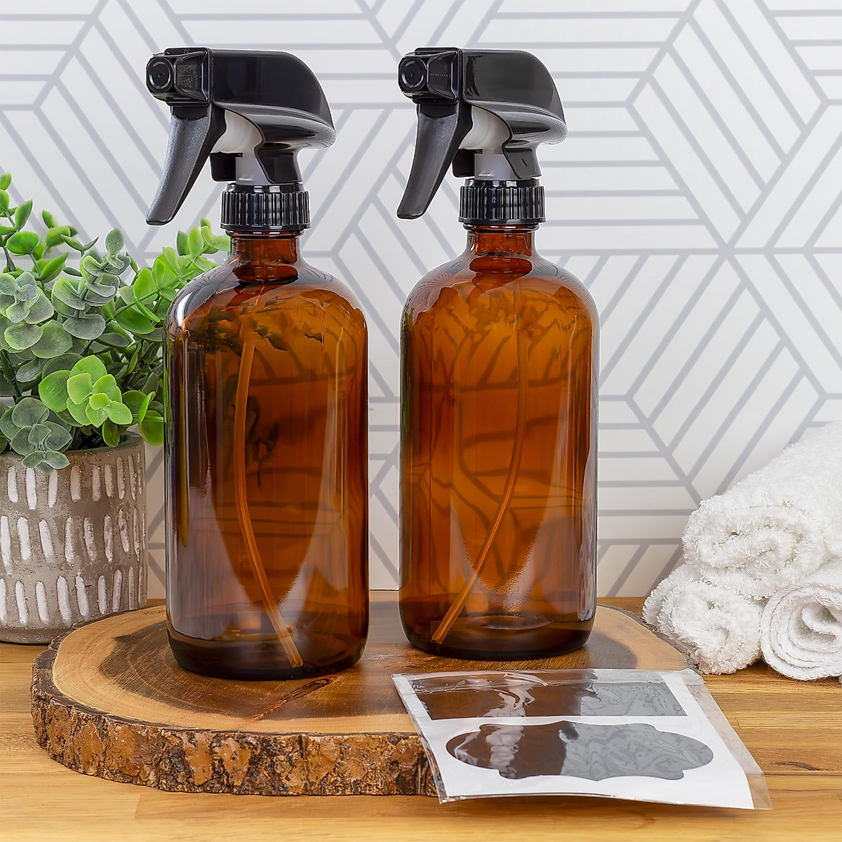 Cornucopia Brands 16oz Amber Glass Spray Bottles w/Reusable Chalk Labels (2 Pack), Heavy Duty Mist & Stream 3-Setting Sprayer; Great for Essential Oils