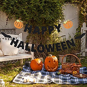 Happy Halloween with Pumpkin Banner - Halloween Party Banner for Haunted Houses Doorways Indoor Outdoor Home Mantle Decorations Supplies (Black Glittery )