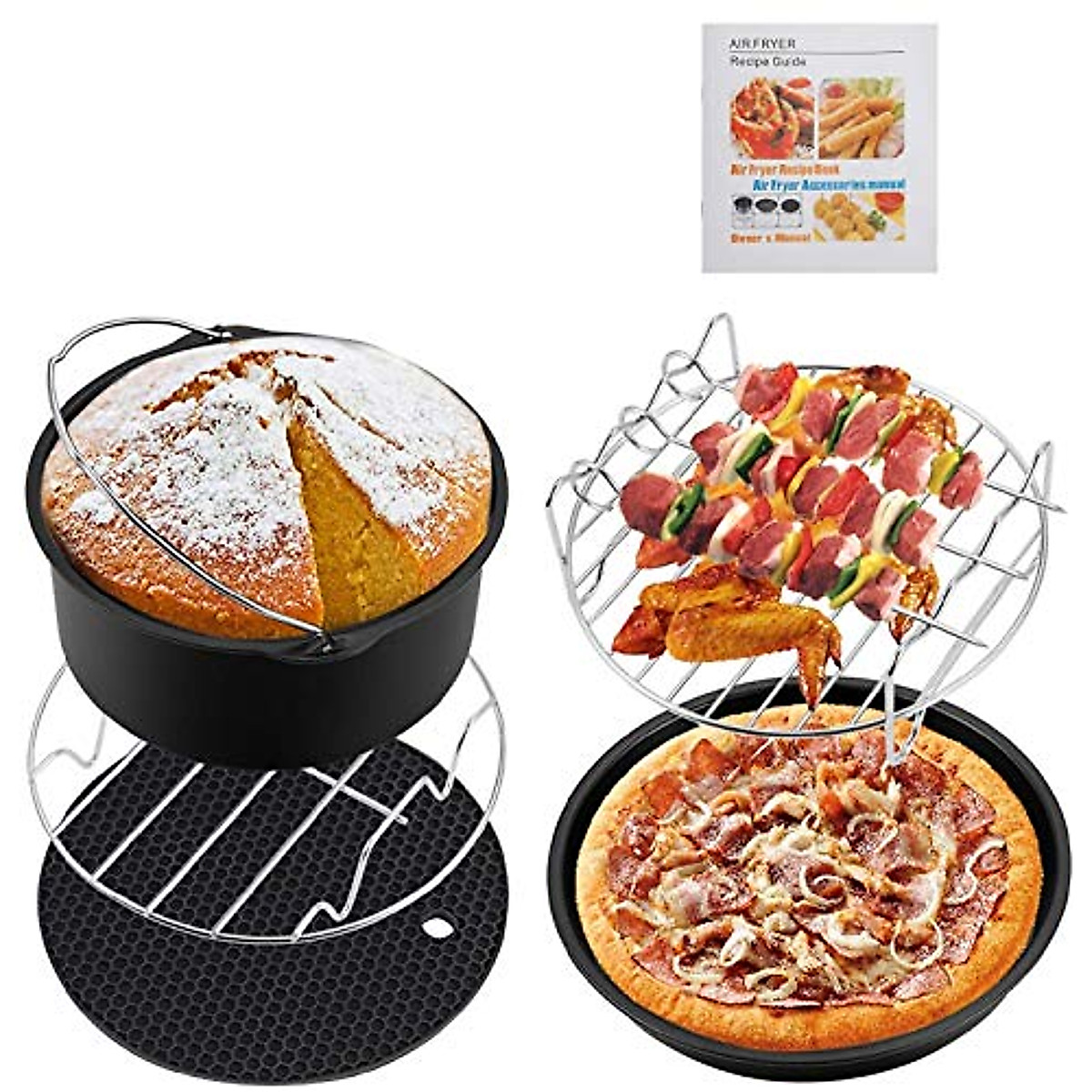 Flexzion Air Fryer Accessories for Phillips Gowise Ninja Foodi Cozyna Cosori Nuwave Air Fryer Accessories Parts 6 Set 7 Inch Fit All 2.6, 3.7, 5, 5.3, 5.8, 6, 8, 12 QT with Air Fryer Recipe Cookbook