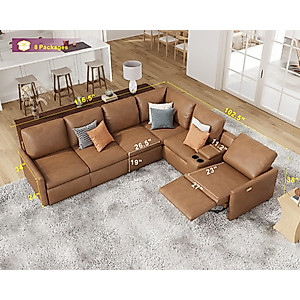 AMERLIFE Reclining Sectional Sofa, Power Recliner with Console& Single Right Recliner, 6 Seats L Shaped Couch with Cup Holder& Charging Port, Leather Modular Couch for Living Room