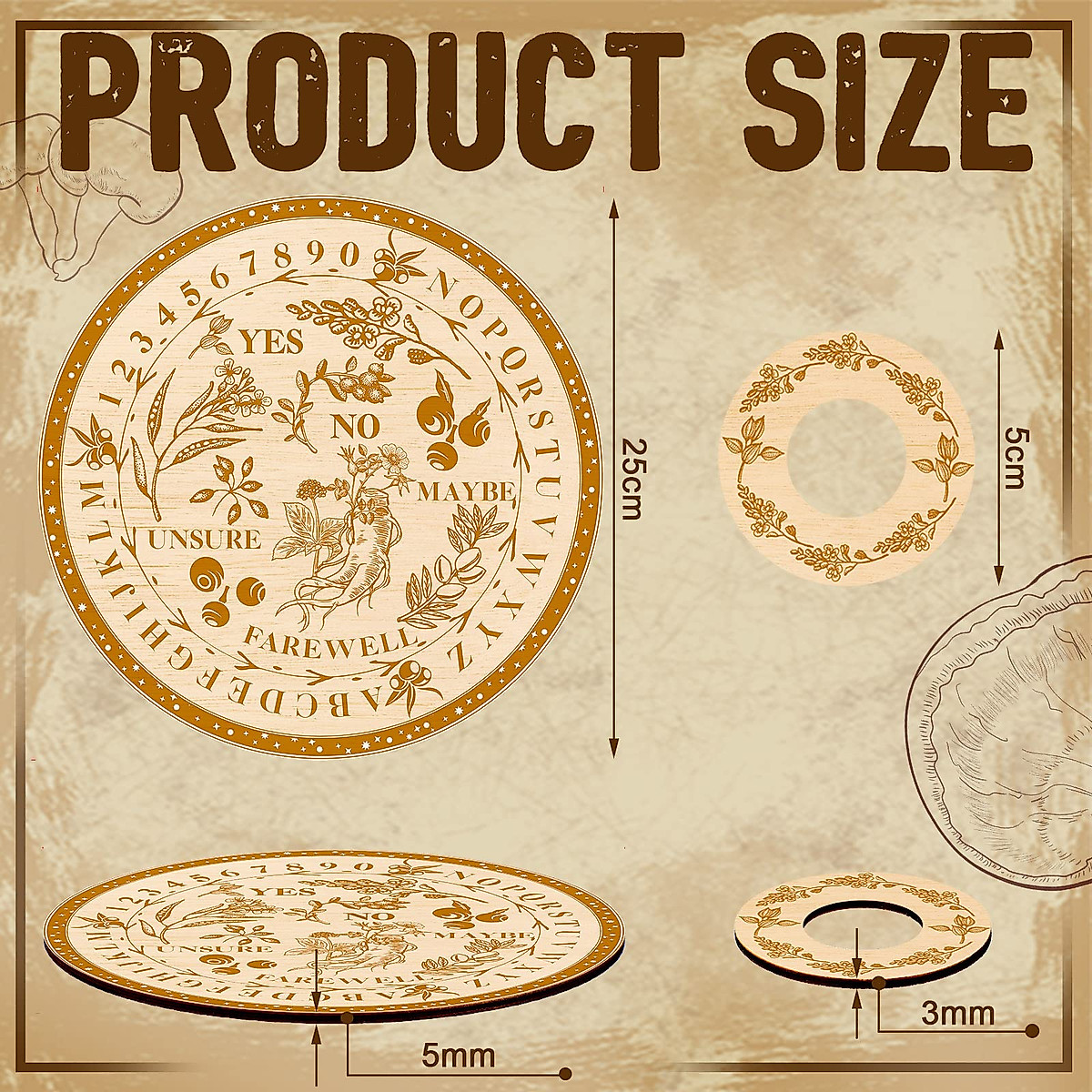 Wooden Spirit Board Pendulum Board Herbal Round Spirit Board Floral Talking Board Game Plants Flowers Witchcraft Decor Wood Divination Tools for Altar, Spirit Hunt, Occult Practice