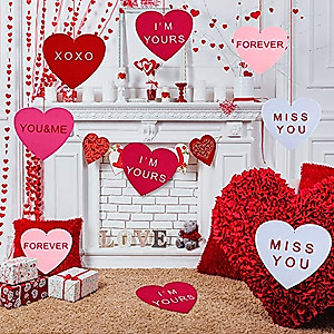Tatuo 24 Pieces Valentine's Day Conversation Heart Felt Garland Heart Shaped Hanging Garland Yard Sign Outdoor Lawn Decoration with Red Ribbon for Valentine's Day Wedding Parties Decorations