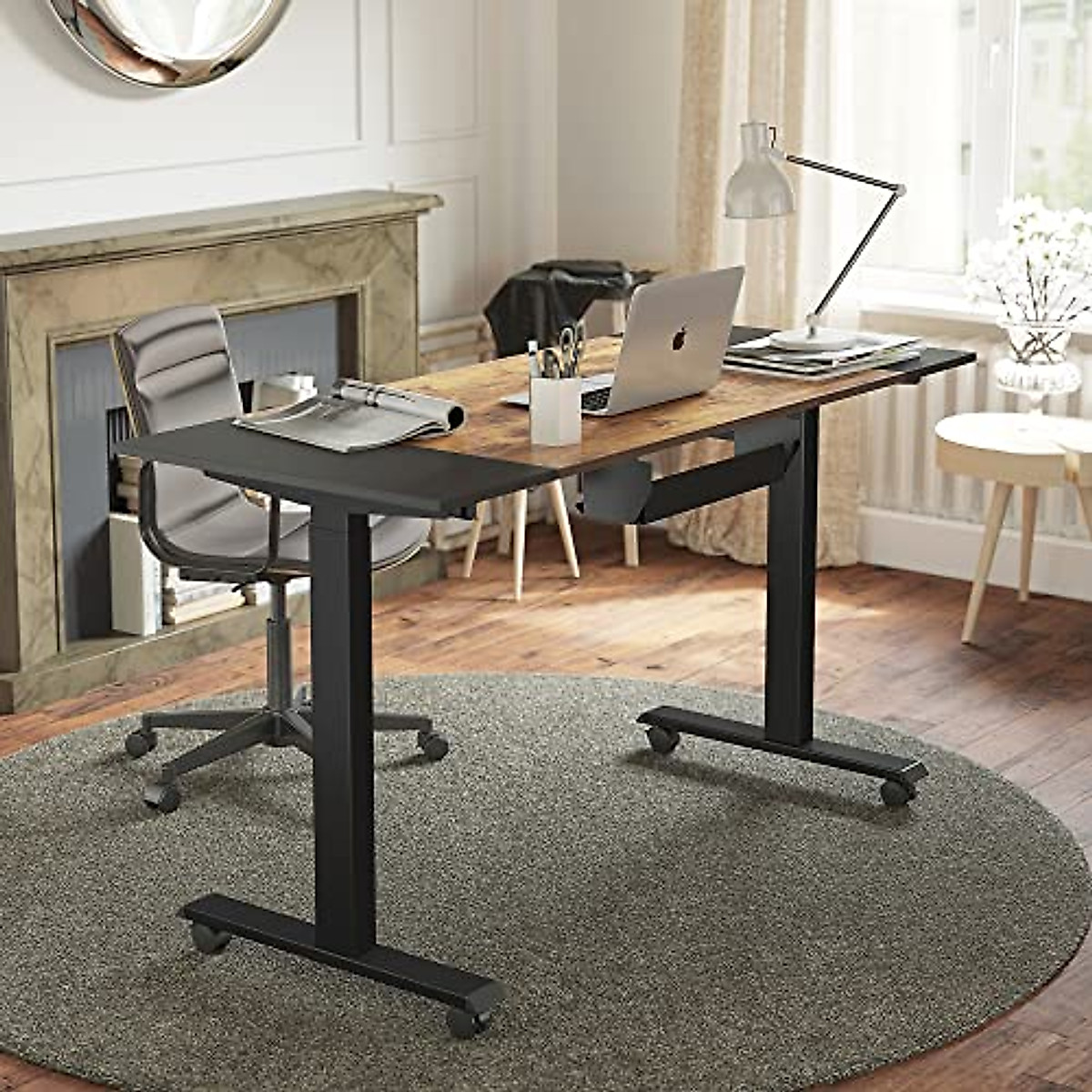 FEZIBO Dual Motor Height Adjustable Electric Standing Desk with Keyboard Tray, 48 x 24 Inch Sit Stand Table with Splice Board, Black Frame/Black and Rustic Brown Top