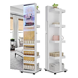Lvifur 360° Rotating 63'' LED Jewelry Armoire,Full Length Mirror Large Capacity Floor Standing 3 Color Dimmable Jewelry Organizer Armoire with 4 Rollers,Rear Storage Shelves