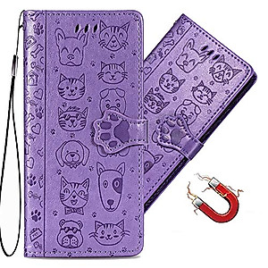 QIVSTAR Case for iPhone 15 Pro Max Wallet Case for Women with Card Holder Embossed Cute Flip PU Leather Magnetic Protective Cover with Lanyard for iPhone 15 Pro Max 6.7" Animals Purple SD4