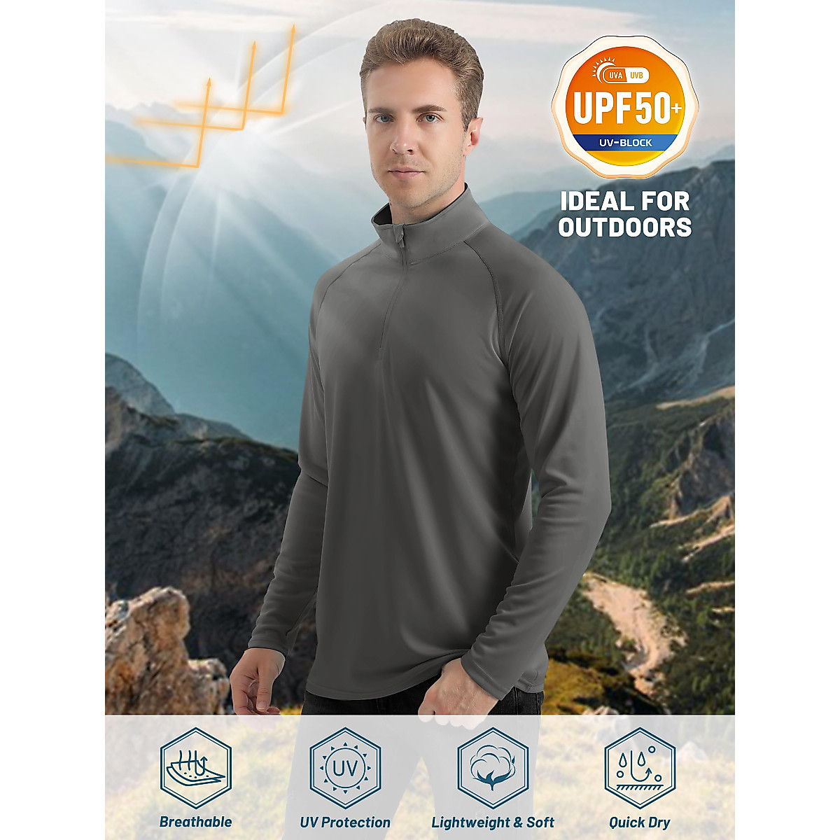 TACVASEN Sun Shirts for Men with Quarter Zip Mens Sun Protective Clothing UPF 50+ Mens Hiking Shirts Rash Guard Long Sleeve Pullover Shirts Dark Grey L