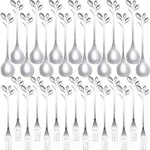 Stainless Steel Leaf Coffee Spoon and Appetizer Fork Tableware Dessert Spoon Mini Dessert Utensils Set Creative Demitasse Spoons and Forks for Stirring, Fruit, Cake, Coffee, Tea(Silver, 40 Pieces)