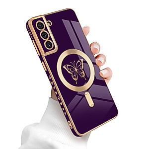 Newseego for Samsung Galaxy S21 Plus 5G Magnetic Case, Cute Butterfly Plating Edge Case with MagSafe for Women Girls Men Soft TPU Bumper Shockproof Protective Cover for Samsung Galaxy S21 Plus-Purple