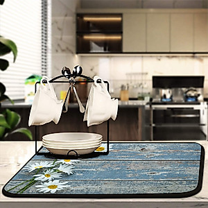 Daisy On Wooden Board Dish Drying Mat - 18" x 24" Microfiber Dish Mat Absorbent Drying Pad Heat-resistant Dish Drainer Mats for Kitchen Countertop