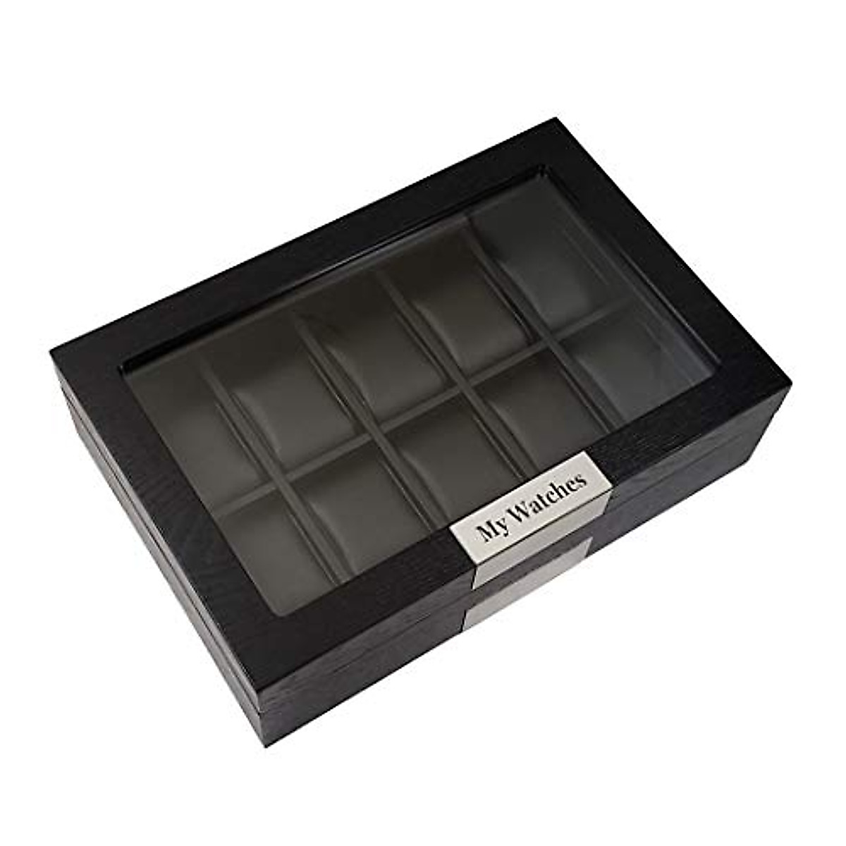 TIMELYBUYS 10 Piece Personalized Black Wood Watch Display Case Storage Organizer Box with Stainless Steel Accents