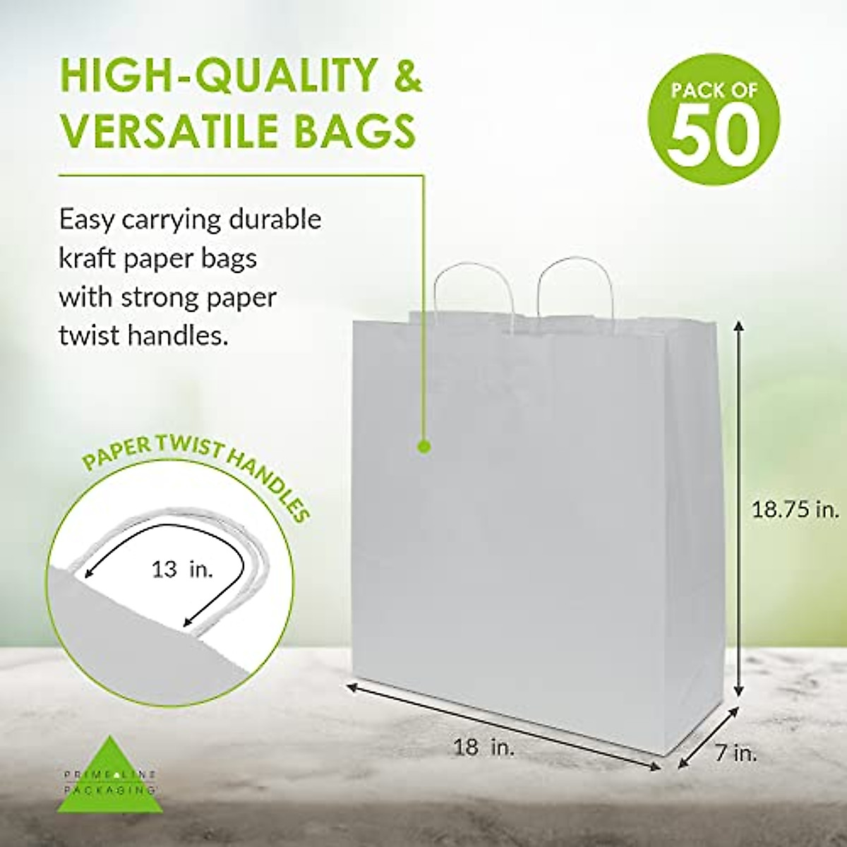 Prime Line Packaging Extra Large White Gift Bags with Handles, Kraft Shopping Tote for Small Business, Boutiques, Merchandise, Bulk,18x7x18.75 50 Pack