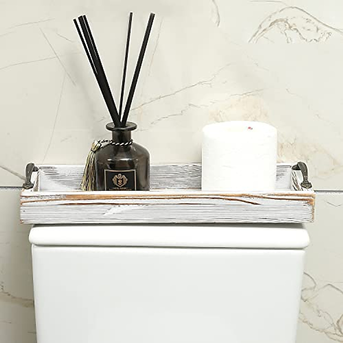 MyGift Weathered White Solid Wood Toilet Tank Tray, 16 Inch Rectangular Bathroom Vanity Tray with Aged Bronze Metal Handles