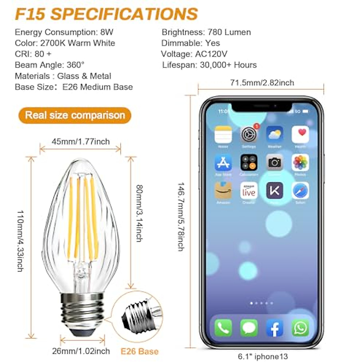 BRIMAX F15 8W Led Porch Light Bulb Outdoor, E26 Medium Base LED Post Bulb for 75W - 80W Incandescent Equivalent,Dimmable 2700K Warm White Flame Wrinkle Glass, for Ceiling Fan and Lantern Lamp, 4 Pack