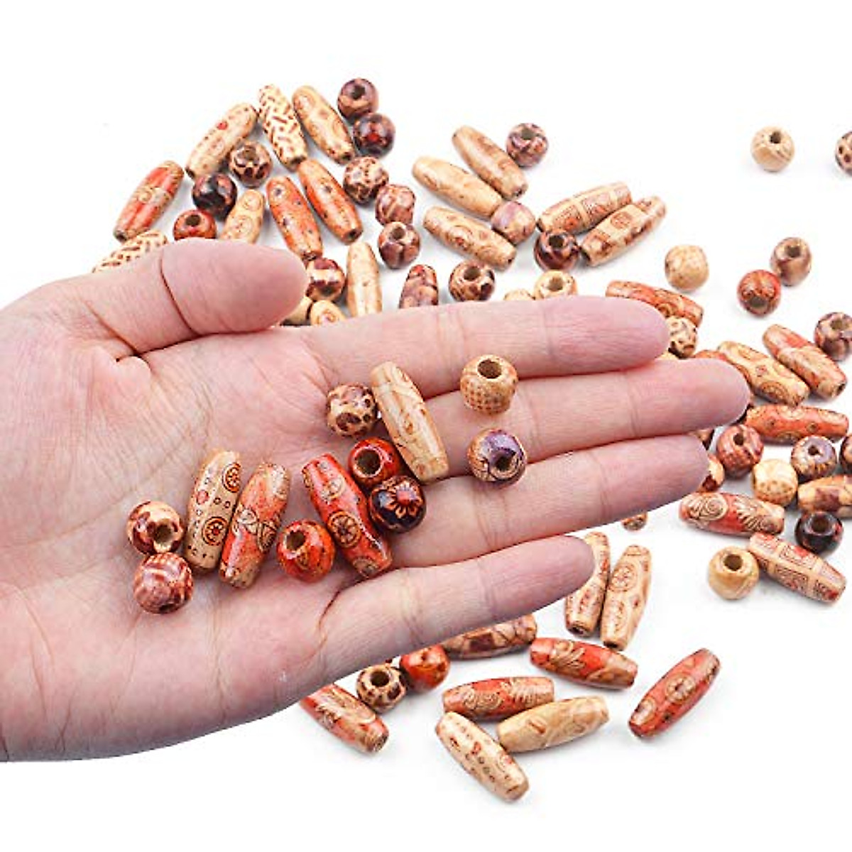 100 Pieces Round Printed Pattern Wooden Beads Oval Shape Wood Loose Spacer Beads for DIY Jewelry Making Hair Crafts, 2 Sizes