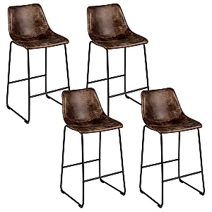 COSTWAY Set of 2 Bar Stools, Vintage Faux Suede Bar Stools, with Metal Legs, Back and Footrest, Upholstered Stools for Home Kitchen, Pub (Brown, 4)