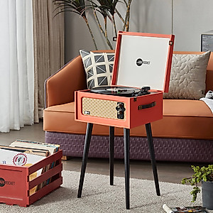 Arkrocket 3-Speed Bluetooth Record Player Retro Turntable with Built-in Speakers Rocket Moving Magnet Cartridges and Removable Legs (Orange)
