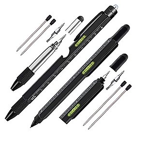 2Pcs Multi Tool Pen, Tirmrin Unique Gifts for Men, LED Light, Stylus, Ruler, Ballpoint Pen, Level, Bottle Opener, Screwdriver, Christmas, Valentines, Father's Day Cool Gadget for Him (Black)