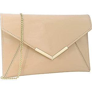 Dexmay Women Envelope Clutch Handbag Patent Leather Pouch Foldover Dress Purse Nude