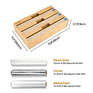 Bamboo Foil and Wrap Dispenser with Slide Cutter, 3 in 1 Plastic Wrap, Aluminum Foil and Wax Paper Organizer Holder Bamboo Tin Foil Roll Dispenser for Kitchen Drawer Compatible with 12 Inches Roll