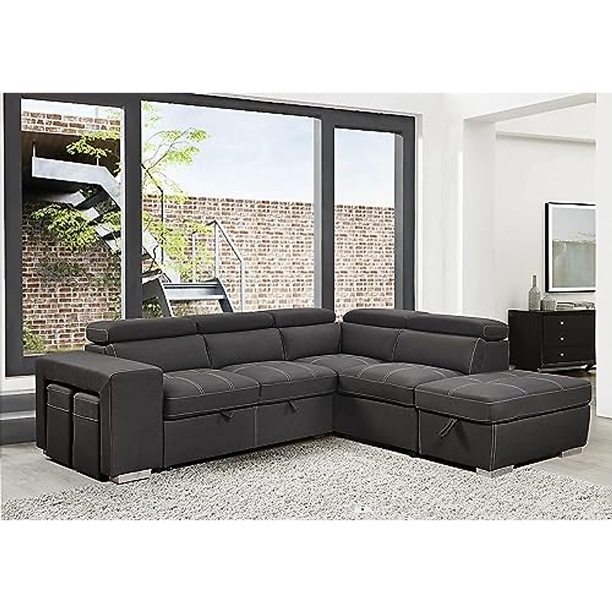 FULife 105" w L-Shaped Modular Reversible Sectional Corner Sofa with Pull Out Sleeper Bed,Adjustable Headrest,Storage Ottoman and 2 Stools,Multi-Functional Convertible Upholstered 5-Seat Sofá&Couch