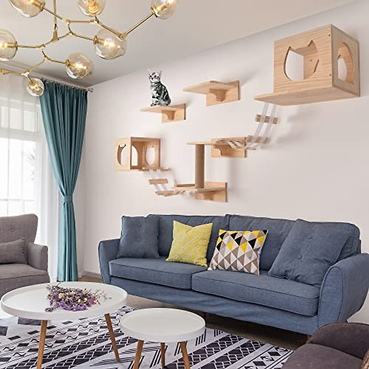 Cat Wall Shelves and Perches Set, Floating Cat Wood Climb Furniture, Cat Wall-Mounted Playing Climber, 2 Cat Houses & 4 Cat Shelves & 2 Ladders & 1 Cat Scratching Post