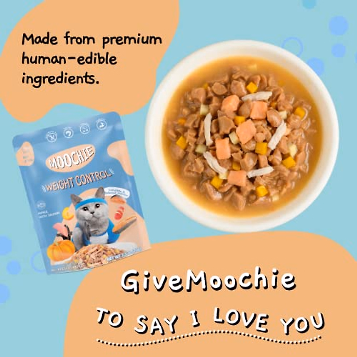 MOOCHIE Wet Cat Food - Weight Management - Grain Free Wet Cat Food - Minced Salmon & Prebiotics - No Added Preservatives or Artifical Flavoring - Adult Cat Food - 12 x 2.5oz Pouch