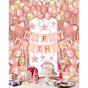 Lutoys Rose Gold Happy Birthday Party Decorations, Happy Birthday Banner, Rose Gold Foil Heart Star Confetti Balloons Curtain Backdrop Hanging Swirls Butterfly Party Decor for Girls Women Princess