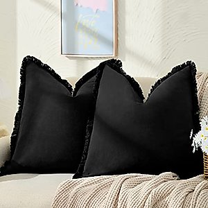 ZWJD Farmhouse Pillow Covers 22x22 Set of 2 Black Throw Pillow Covers with Fringe Chic Cotton Decorative Pillows Square Cushion Covers for Sofa Couch Bed Living Room Boho Decor
