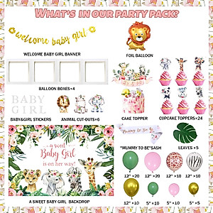 Fiesec Safari Baby Shower Decorations for Girl, Jungle Themed Décor Backdrop Balloon Garland Arch Artificial Leaves Box Cutout Glitter Banner Cake Topper Sash Lion Cheetah Giraffe Pink 140 PCs