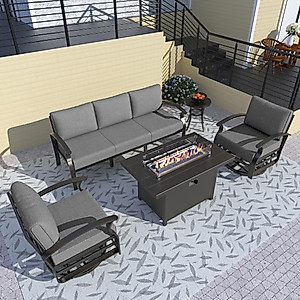 Gotland 5 Seats Outdoor Metal Patio Furniture Set with 2 Swivel Rocking Chairs&55,000 BTU Gas Fire Pit Table w/Glass Wind Guard Patio Conversation Sectional Sofa Sets-Grey