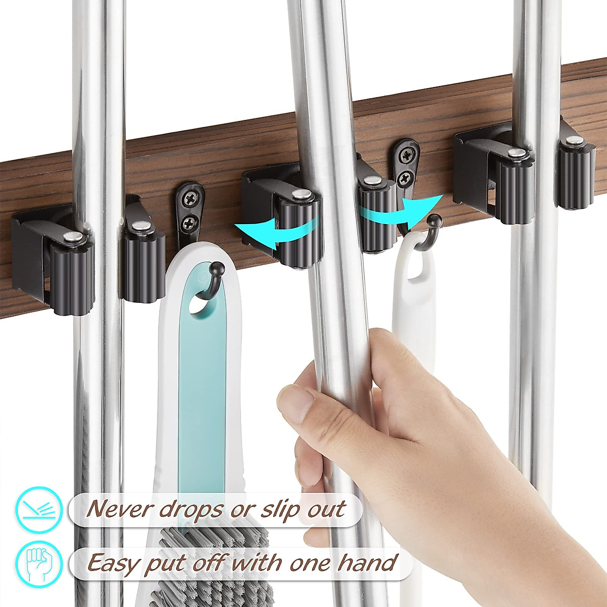 OUTNILI 2 Pack Mop Broom Holder Wall Mount - Rustic Wood Broom Mop Hanger - Wall Mounted Garden Tool Rack Organizer for Closet Garage Laundry Room Farmhouse Kitchen Decor with 4 Slots & 4 Hooks