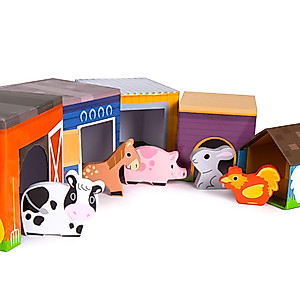 Friendly Farm Match 'n Stack Nesting Blocks | 5 Barnyard Pals & Stackable Home Boxes | Wooden Animals Fit into Colorful Cube Shapes | Includes Chicken, Cow, Pig, Horse, and Rabbit | Classic Kids Toy