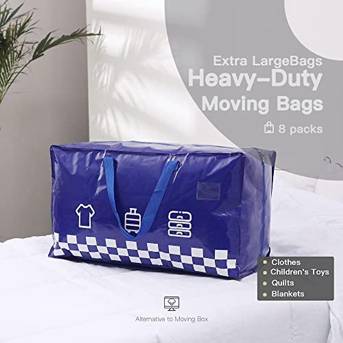 ATBAY Moving Bags Heavy Duty Extra Large Storage Bags with Zipper and Strong Handles for Clothes/Shoes/Blanket, 8PACK Blue