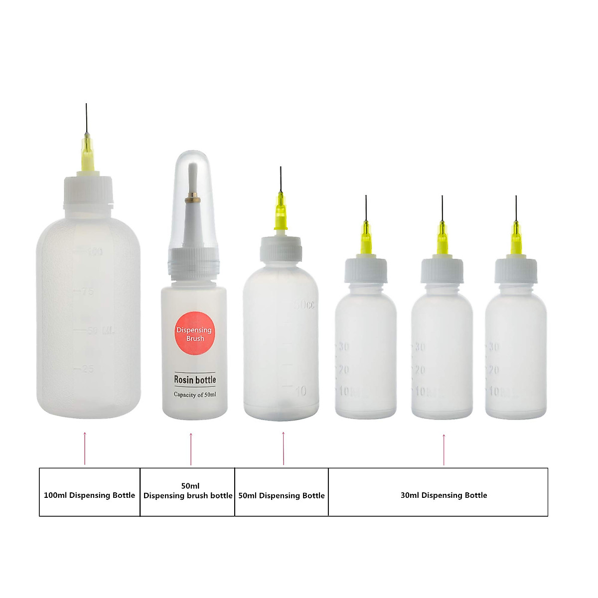 SHAOTONG 6Pcs Squeeze Bottle with 14Pcs Dispensing Needles and 1Pc Dispensing Brush and 12Pcs Cap (30ml+50ml+100ml)