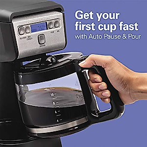 Hamilton Beach 12 Cup Compact Programmable Drip Coffee Maker with No-Drip Burosilicate Glass Carafe, 2-Hour Auto Shutoff, Space-Saving Design, Black with Stainless Steel Accents (46200)