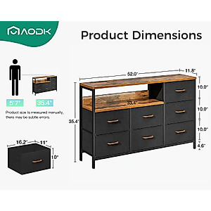 AODK Dresser with Charging Station, 52-Inch Long Dresser for Bedroom with 7 Large Fabric Drawers, Dresser TV Stand with Open Shelves for 55-Inch TV, Vintage