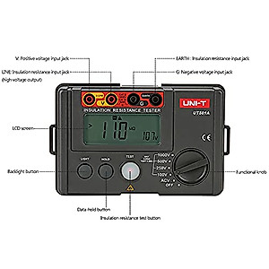 Insulation Resistance Tester, Ohm Meter, 100V/250V/500V/1000V Voltmeter 0 to 5G ohm Meter Megohmmeter, Ground Resistance Tester 2000 Counts LCD Display with Backlight (UT501A)