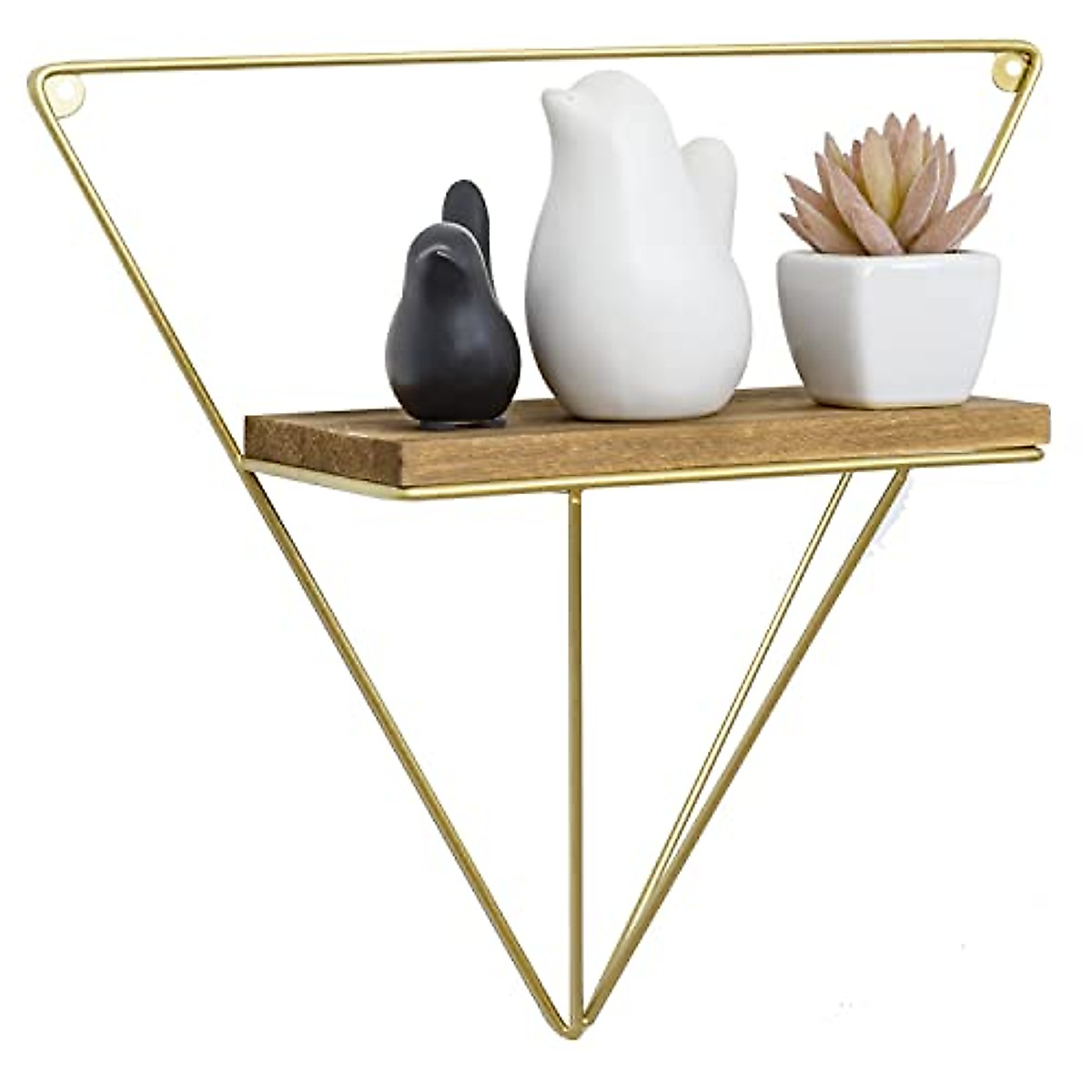 MyGift Wall Mounted Burnt Wood Floating Shelf with Brass Metal Rectangular Frame, Decorative Hanging Display Wall Decor